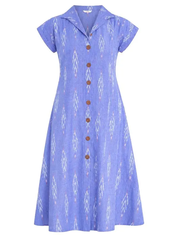 HOUSE OF GL Vanya Ikat Cotton Midi Shirt Dress - Blue