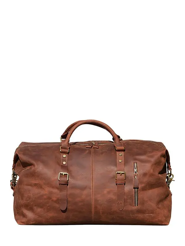 TOURI Genuine Leather Holdall Weekender Bag - Brown