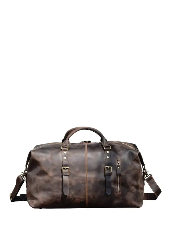 TOURI Genuine Leather Holdall Weekender With Zip Detail - Brown