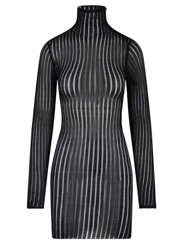 DONDUP Sheer Ribbed Turtleneck Mini Dress - Black