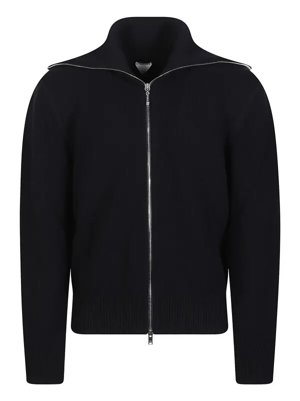 Bottega Veneta Black Wool Zip-up Sweater With Ribbed Details - Navy