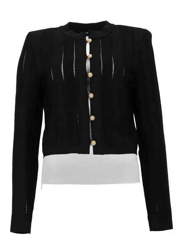 Balmain Cropped Openwork Knit Cardigan With Button Front - Black