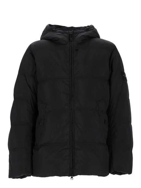 Stone Island Hooded Zip-up Puffer Jacket With Signature Detailing - Black