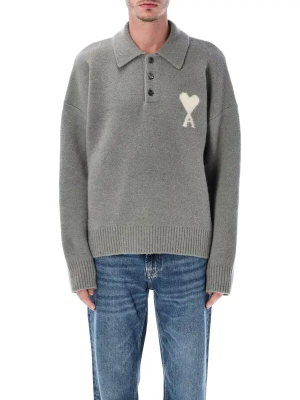 AMI Paris Alpaca-wool Blend Collared Sweater With De Coeur Appliqu - Gris
