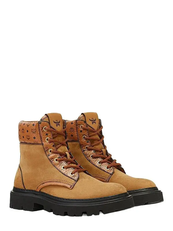 Mcm Ankle Boots In Nubuck Leather With Monogram Print - Cognac