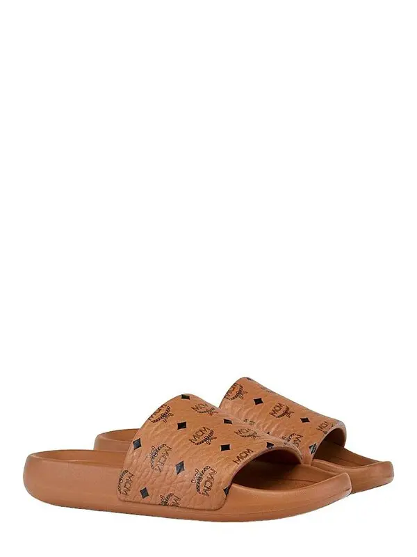 Mcm Monogram Print Rubber Slides - Cognac