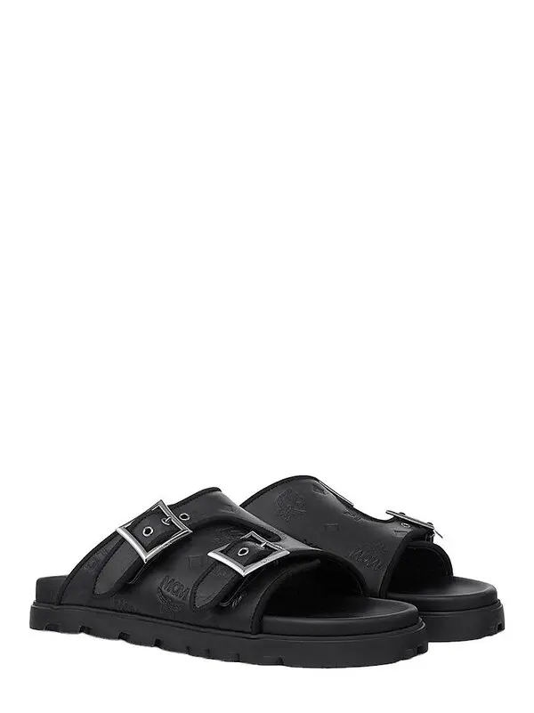Mcm Embossed Monogram Leather Buckled Sandals - Black
