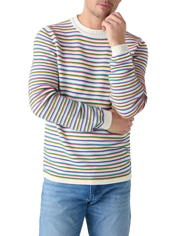 Robert Talbott Hilton Multi Stripe Crew Neck Sweater - White Multi