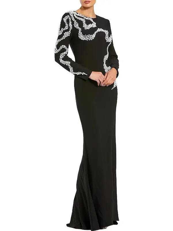 Mac Duggal Petite Jersey Evening Gown With Beaded Swirl Detail - Black