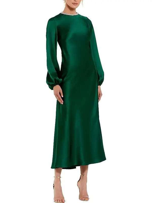 Mac Duggal Petite High Neck Long Sleeve Crystal Detail Dress - Emerald