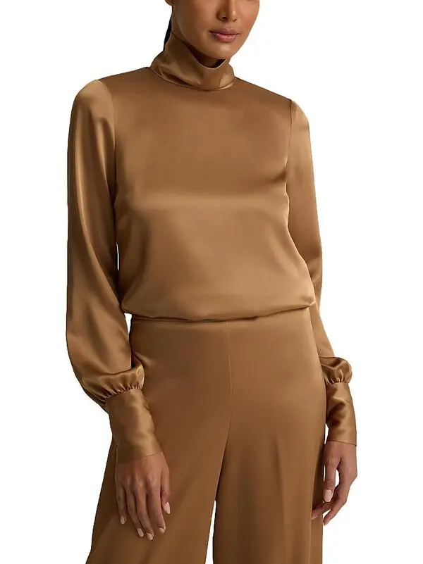 St. John Long Sleeve Satin Turtleneck Top - Vicuna