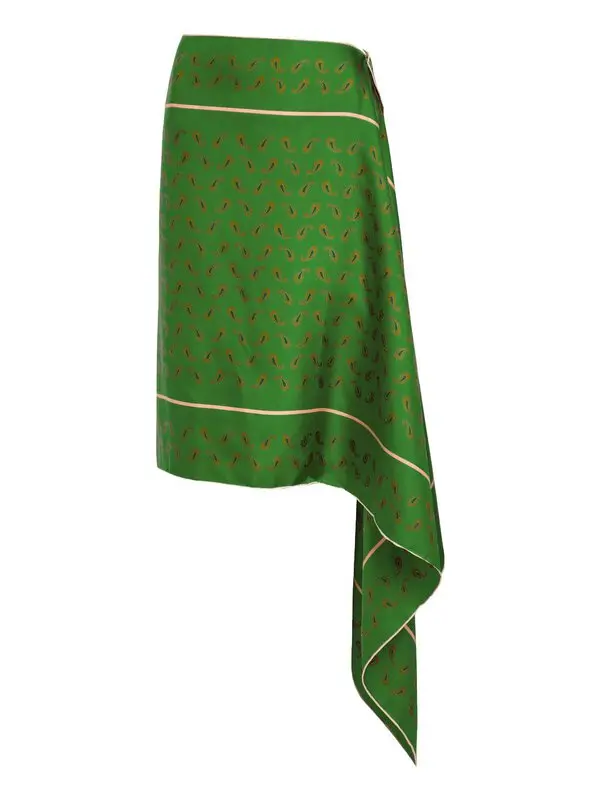 OTZIO Margot Printed Asymmetric Silk Midi Skirt - Green