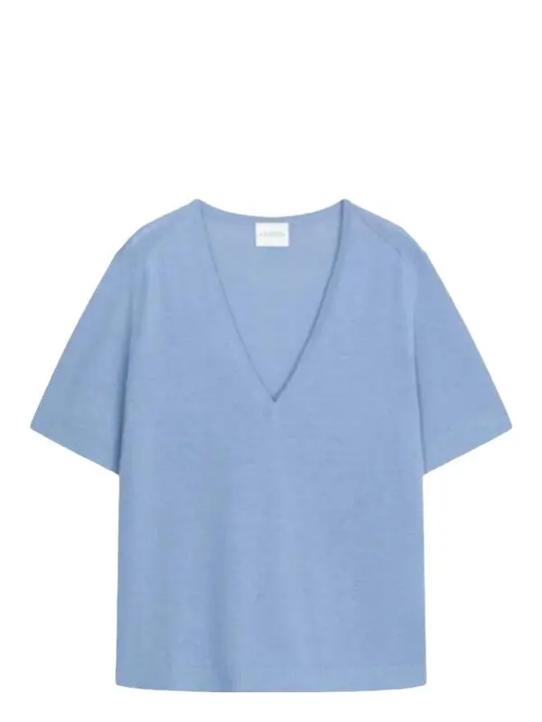 Closed V-neck Short-sleeve Knitwear With Ribbed Details - Light Blue