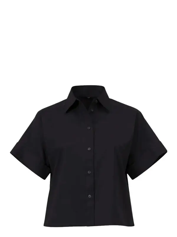 Closed Short-sleeve Cropped Shirt With Pointed Collar - Black
