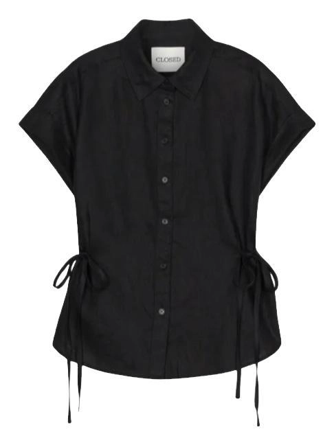 Closed Tie Waist Shirt With Short Sleeves - Black