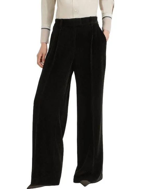 Brunello Cucinelli Sparkling Corduroy Loose Pleated Trousers With Monili - Black