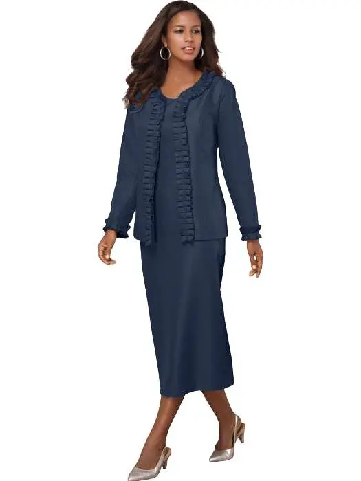 Roaman's Pleated Jacket And Sheath Dress Set - Navy