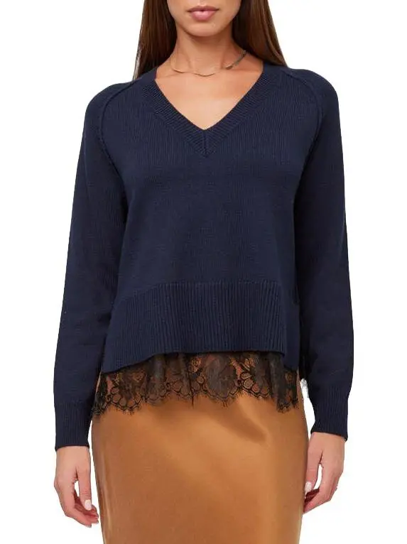 Fifteen Twenty V-neck Lace Trimmed Sweater - Navy