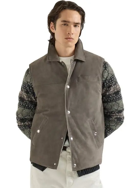 Brunello Cucinelli Suede Down Vest With Shirt-style Collar - Grey