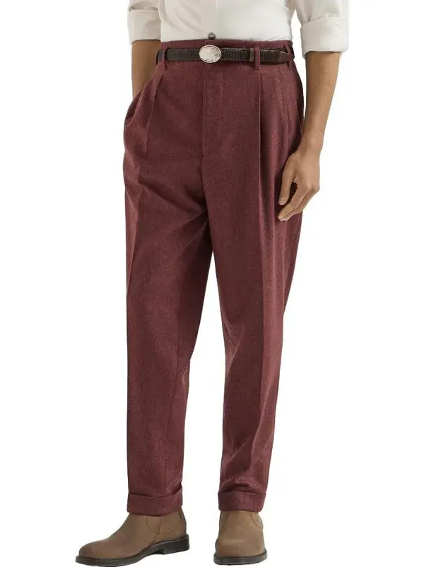 Brunello Cucinelli Virgin Wool And Cashmere Flannel Trousers With Double Pleats - Burned