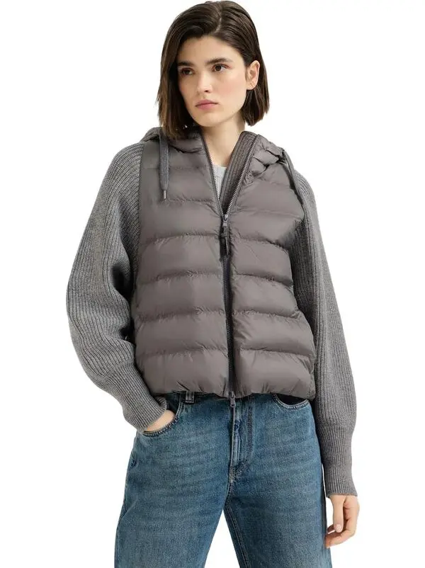 Brunello Cucinelli Water-resistant Matte Nylon Hooded Down Jacket With Monili And Virgin Wool Sleeves - Medium Grey