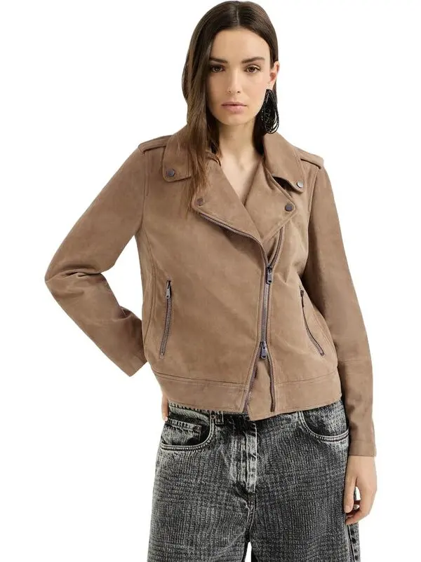 Brunello Cucinelli Suede Biker Jacket With Monili Detailing - Hazelnut