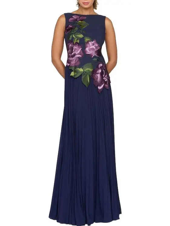 KAY UNGER Jayla Appliqué Pleated Gown - Dark Twilight