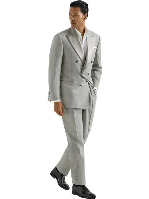 Brunello Cucinelli Cashmere And Silk Lightweight Flannel Tuxedo One-and-a-half Breasted Jacket And Trousers With Double Pleats And Waist Tabs - Light Grey