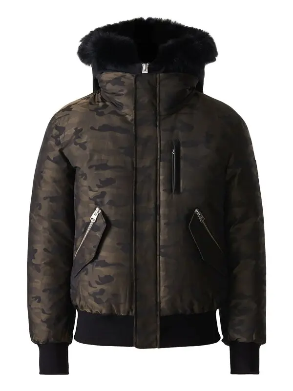 Mackage Dixon-jc Camouflage Down Bomber Jacket With Shearling-lined Hood - Army