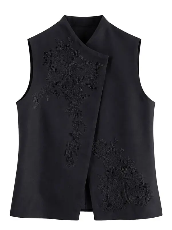 MUTE BY JL Sleeveless Wool Silk Embroidery Wrap Top - Black