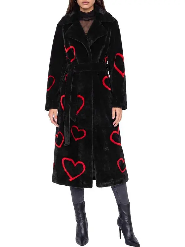 Gorski Reversible Genuine Shearling Coat With Heart Intarsia - Black/red
