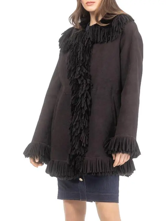 Gorski Genuine Shearling Lamb Jacket With Fringes - Dark Brown