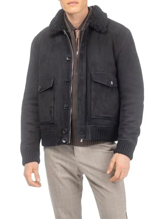 Gorski Genuine Shearling Bomber Jacket - Black