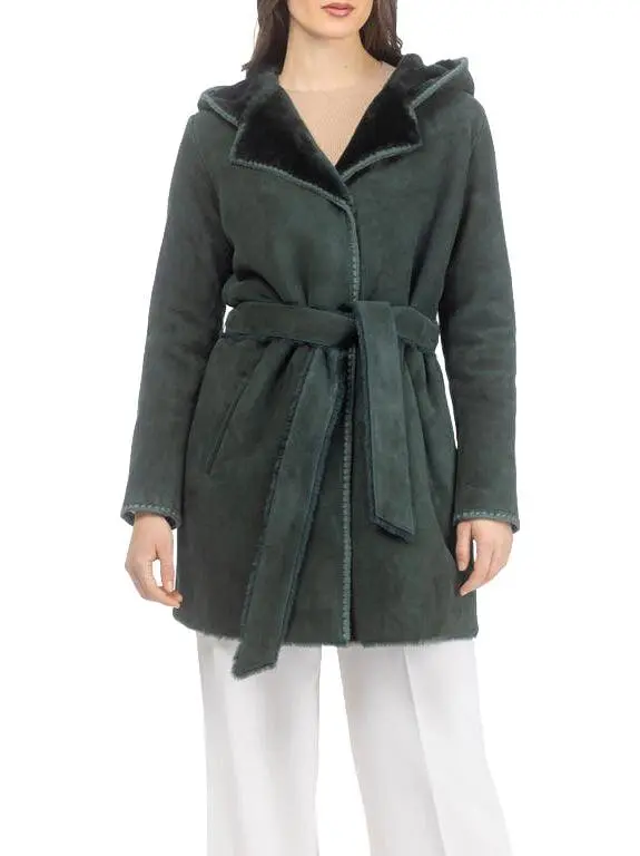 Gorski Genuine Shearling Parka With Embroidered Trim And Belt - Emerald