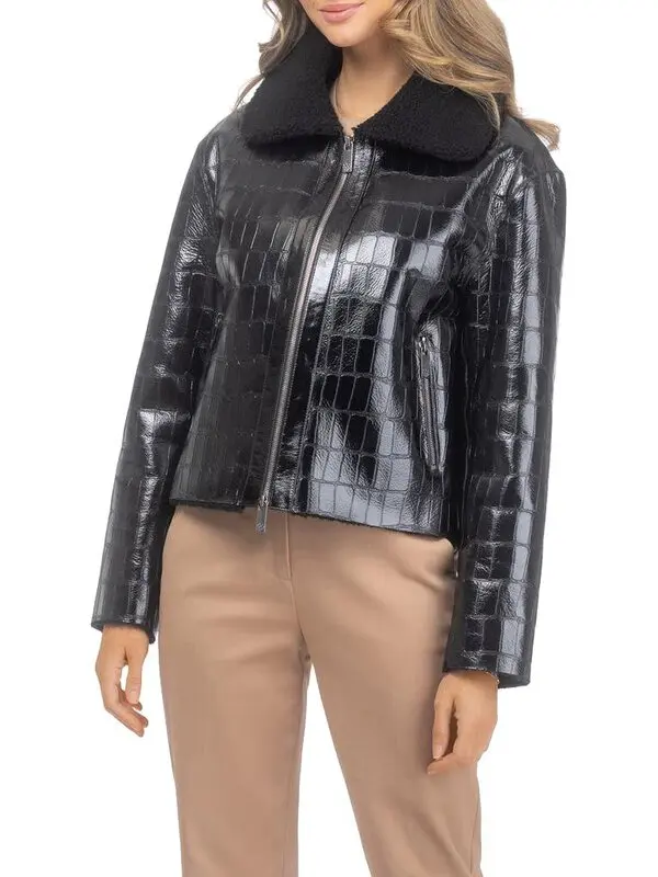 Gorski Genuine Shearling Croco Embossed Zip Jacket - Black