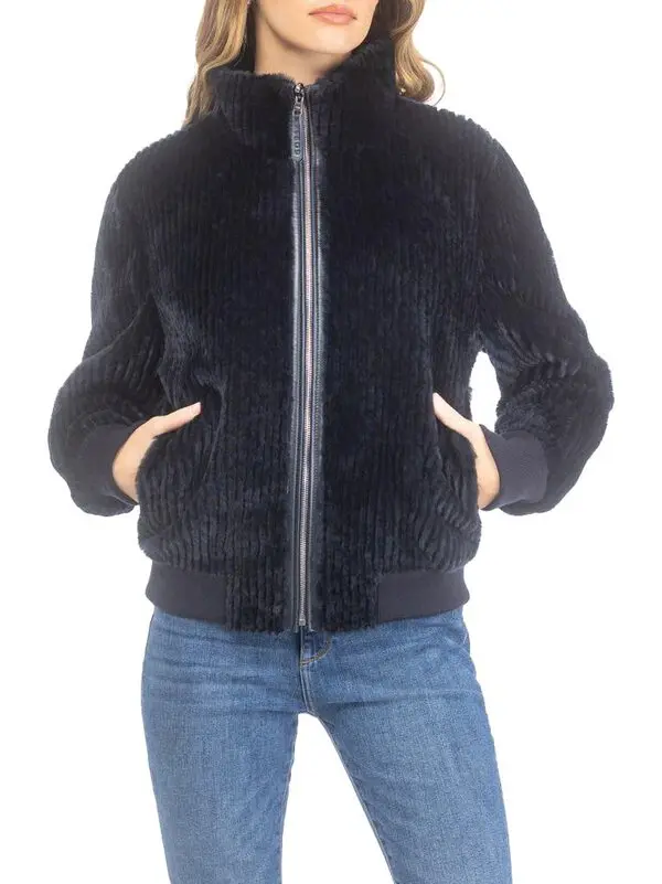 Gorski Reversible Genuine Shearling Insignia Bomber Jacket - Navy/black