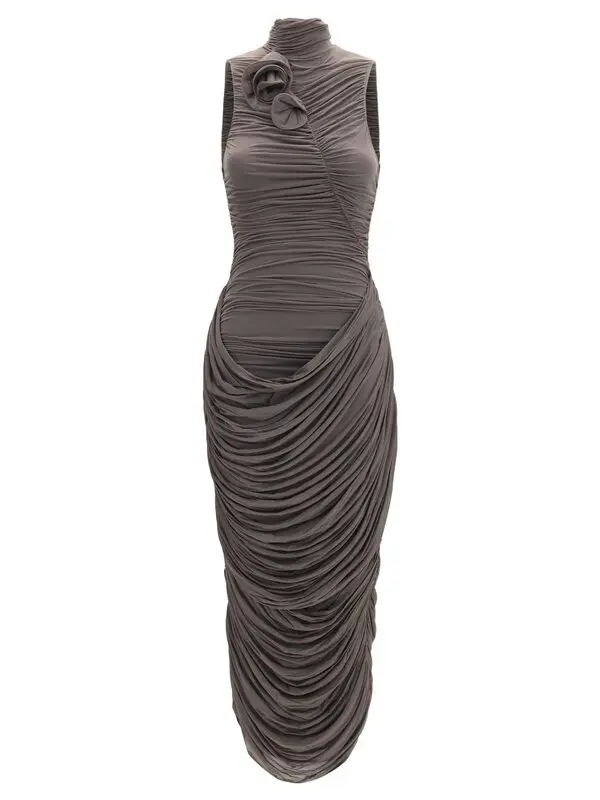 Magda Butrym Draped High-neck Midi Dress With Floral Appliqu - Grey