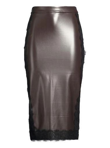 OLTRE Dark Faux Leather Midi Skirt With Lace Trim - Brown
