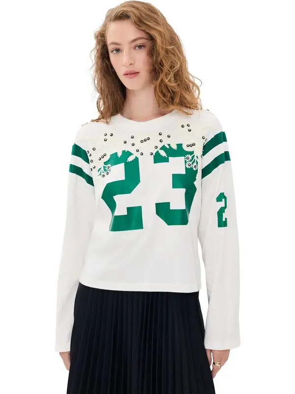 Sea Georgie Sportswear Tee With Floral Embroidery And Beaded Accents - Cream