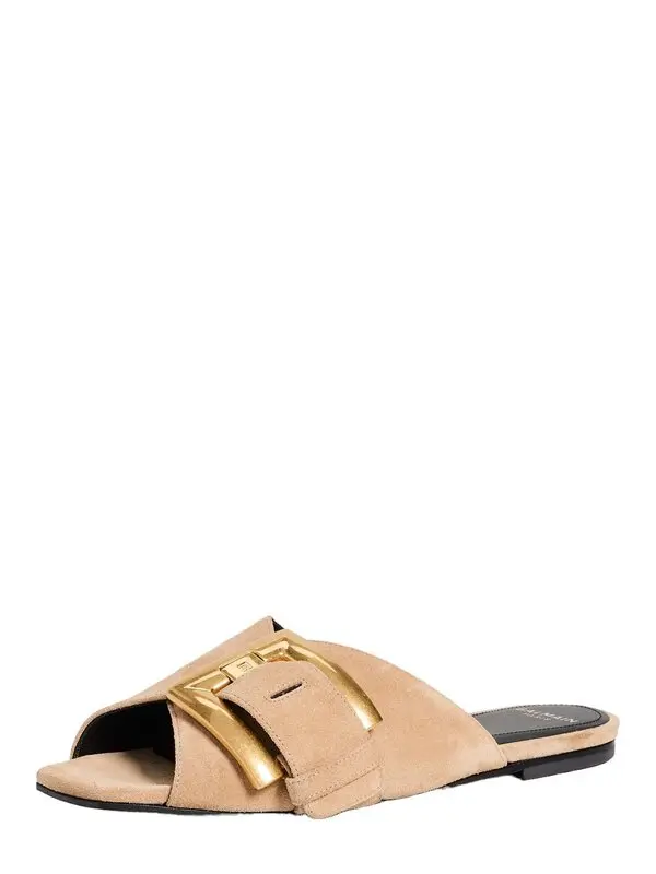 Balmain Suede Leather Flat Sandals With Gold-tone Buckle - Biscuit