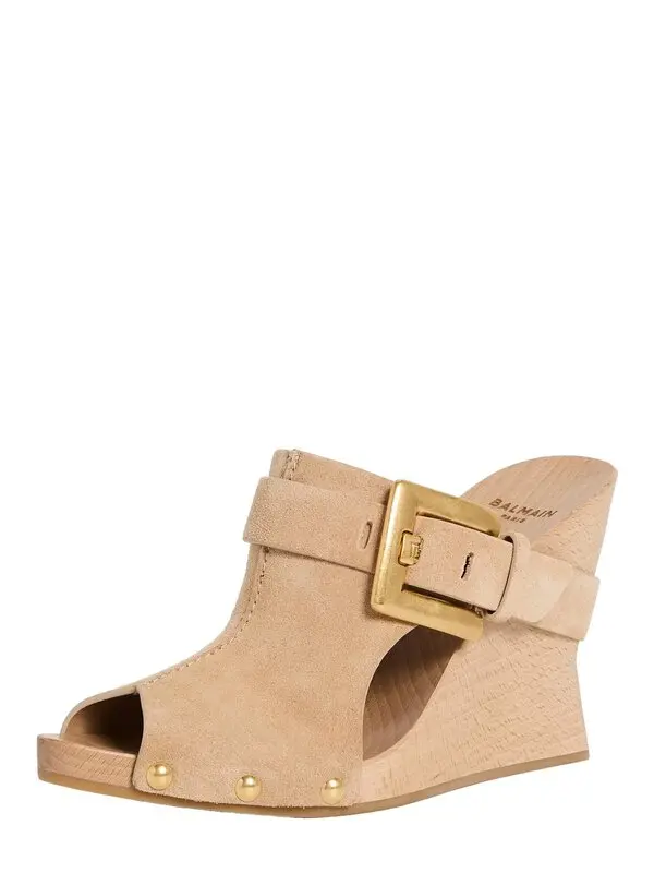 Balmain Anthem Suede Leather Clog Wedges - Biscuit