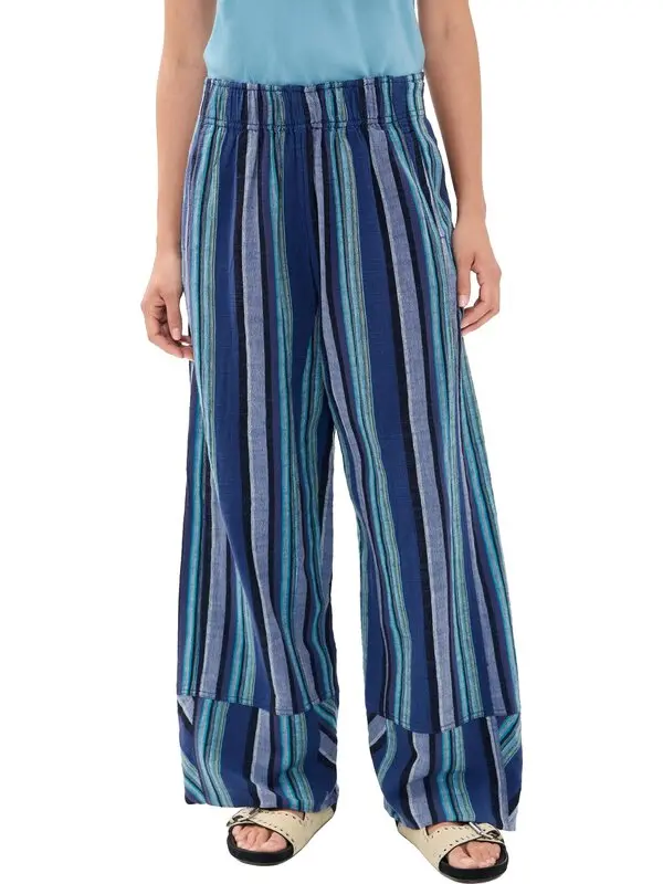 Free People Linen Stripe Wide Leg Pants - Navy Combo