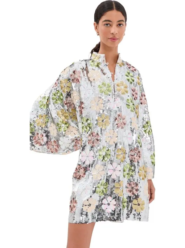 La Vie Style House Sequin Floral Mini Caftan - Silver & Multi