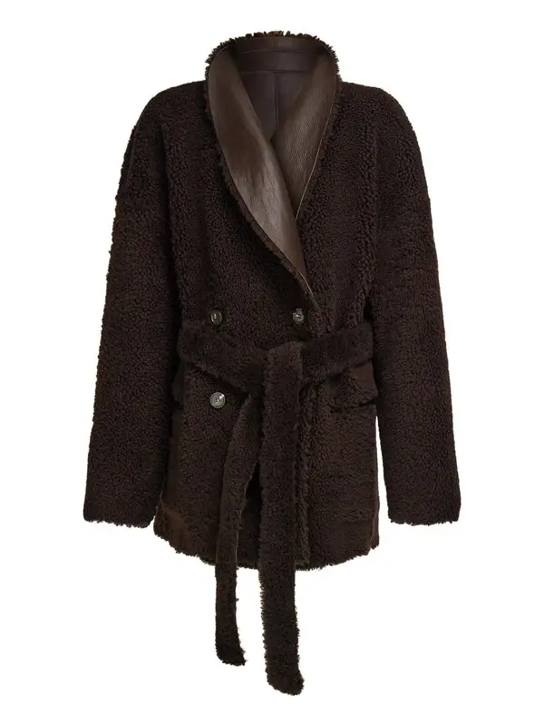 FERRAGAMO Reversible Shearling Belted Jacket - Brown
