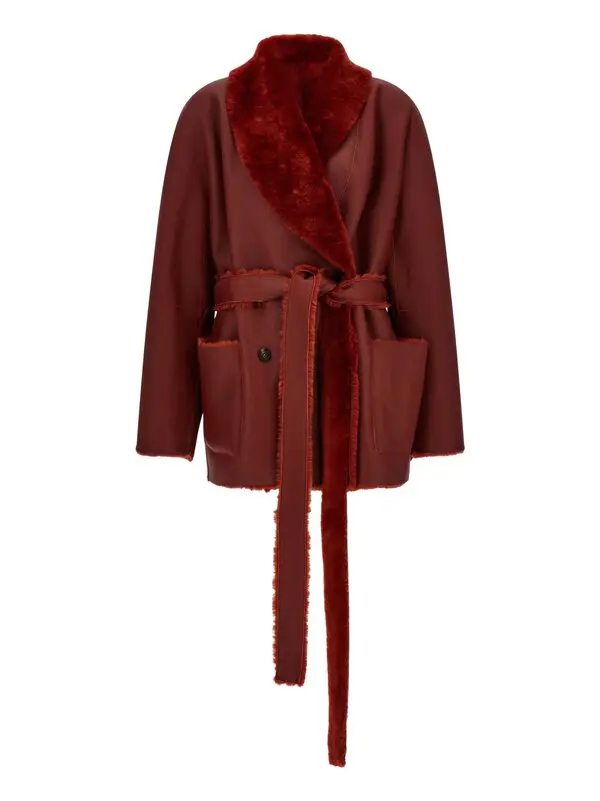 FERRAGAMO Reversible Shearling Belted Jacket - Red