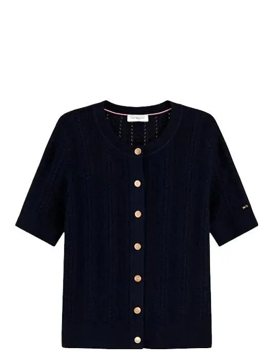Tommy Hilfiger Pointelle Gold-tone Button Short Sleeve Cardigan - Dark Blue