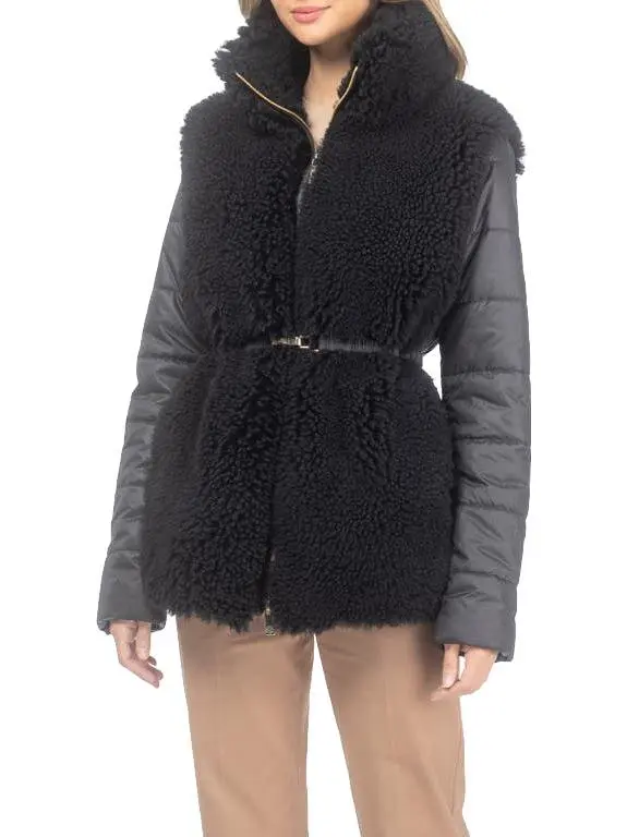 Gorski Genuine Shearling Jacket With Quilted Sleeves - Black