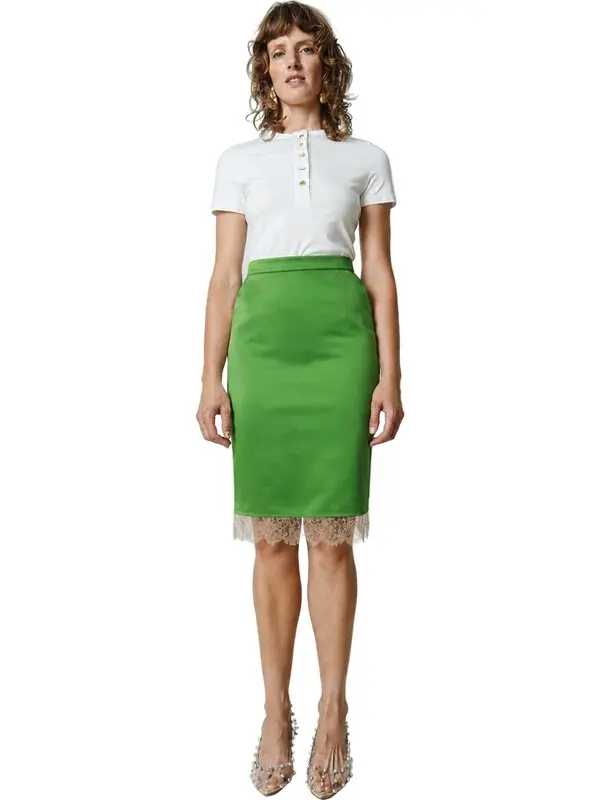 Françoise Layla Silk Knee-length Skirt With Lace Trim - Green