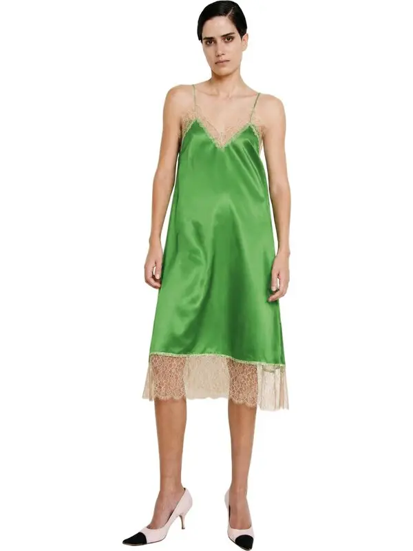 Françoise Layla Silk Midi Slip Dress With Lace Trim - Green