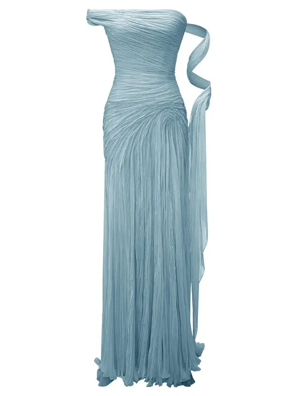 MARMAR HALIM One-shoulder Pleated Chiffon Maxi Dress - Light Blue